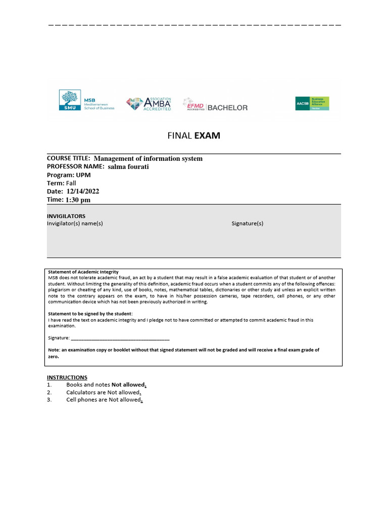 Final Exam: Academic Integrity & Questions | PDF | Brand | Enterprise Resource Planning