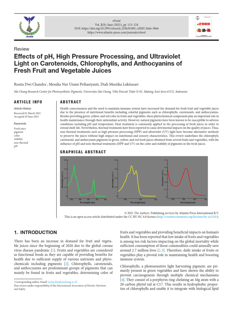 Effects of PH High Pressure Processing and Ultraviolet Light On Carotenoids Chlorophylls and ...