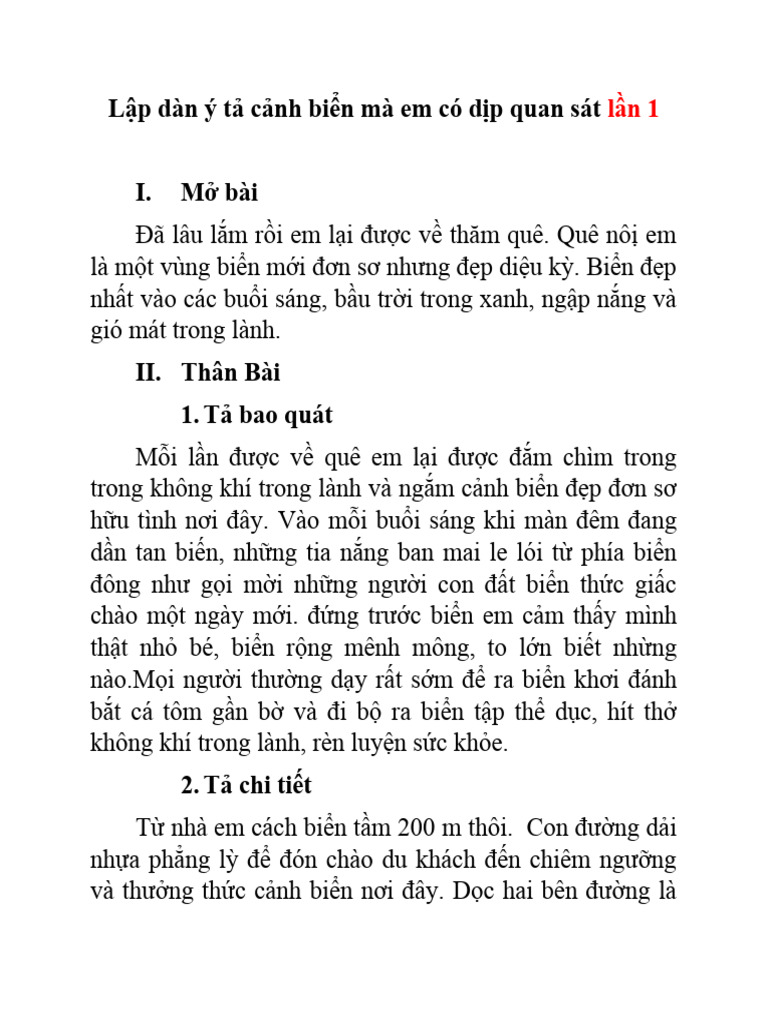 bài văn tả cảnh biển mà em có dịp quan sát 5A1 | PDF