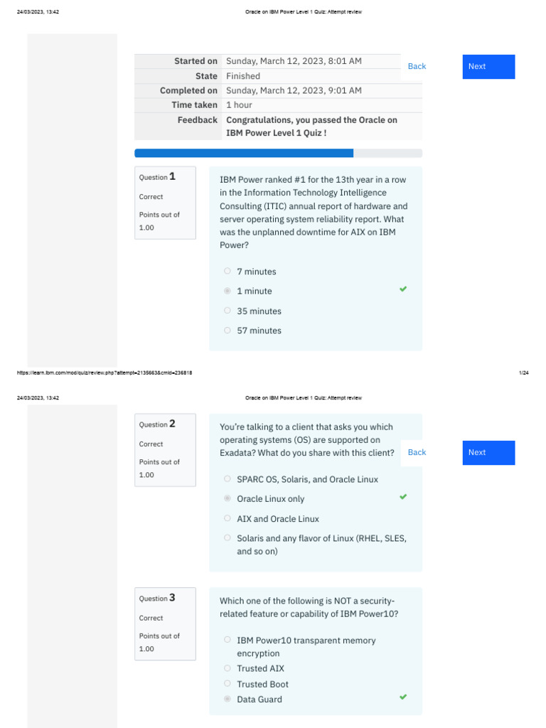 Oracle On IBM Power Level 1 Quiz - Attempt Review | PDF | Oracle Corporation | Databases