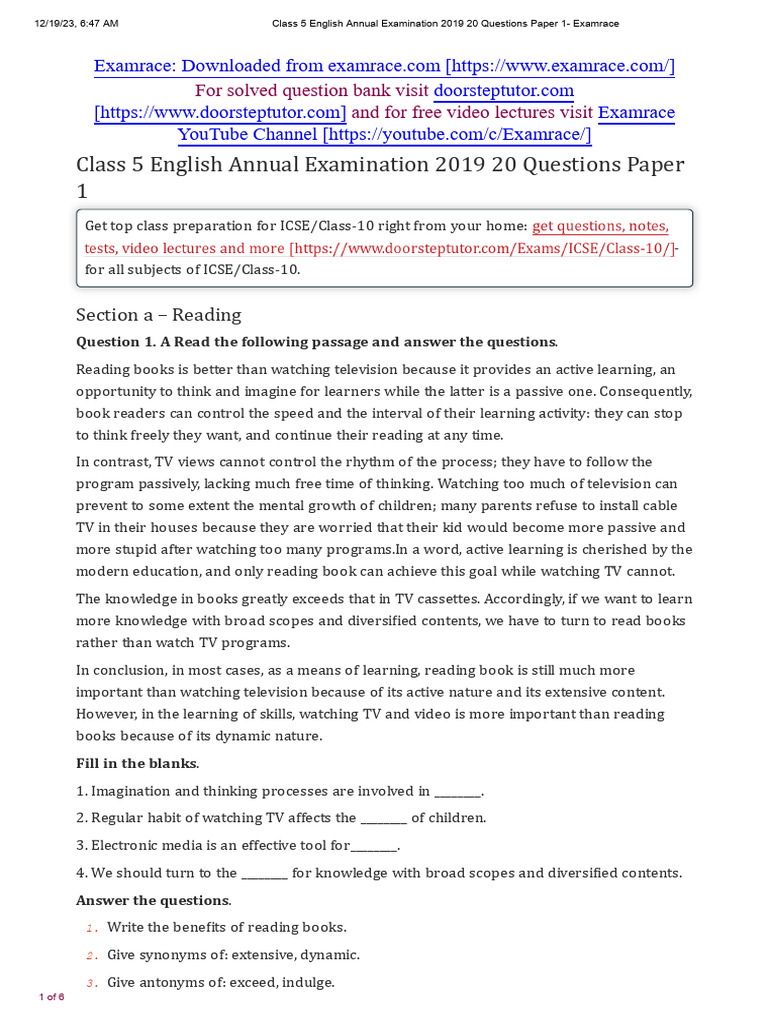 Class 5 English Exam Paper 2019 | PDF | Learning | Linguistics