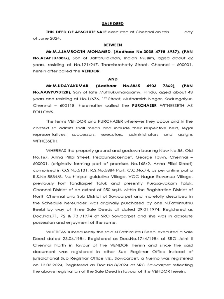 Sale Deed for Chennai Property | PDF | Covenant (Law) | Deed