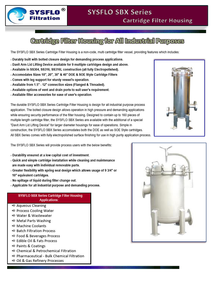 SYSFLO - SBX Series Cartridge Filter Housing | PDF | Filtration | Oil