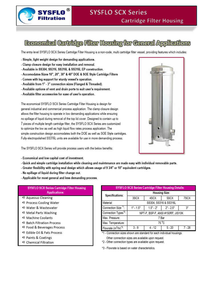 SYSFLO - SCX Series Cartridge Filter Housing | PDF | Water | Filtration