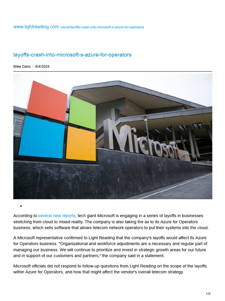Layoffs-Crash-Into-Microsoft-S-Azure-For-Operators: Mike Dano 6/4/2024 ...