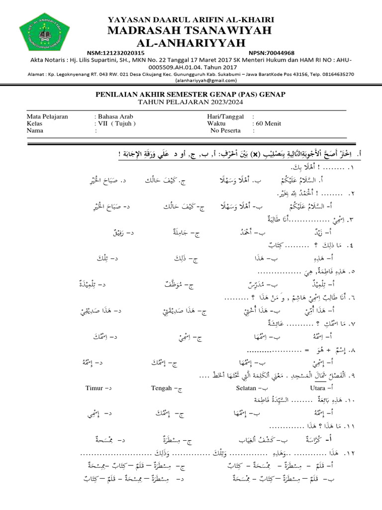SOAL PAS BAHASA ARAB 7 GASAL | PDF