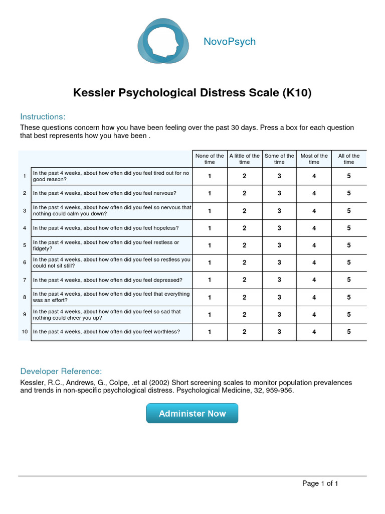 k10 Assessment Form | Download Free PDF | Psychology | Behavioural Sciences