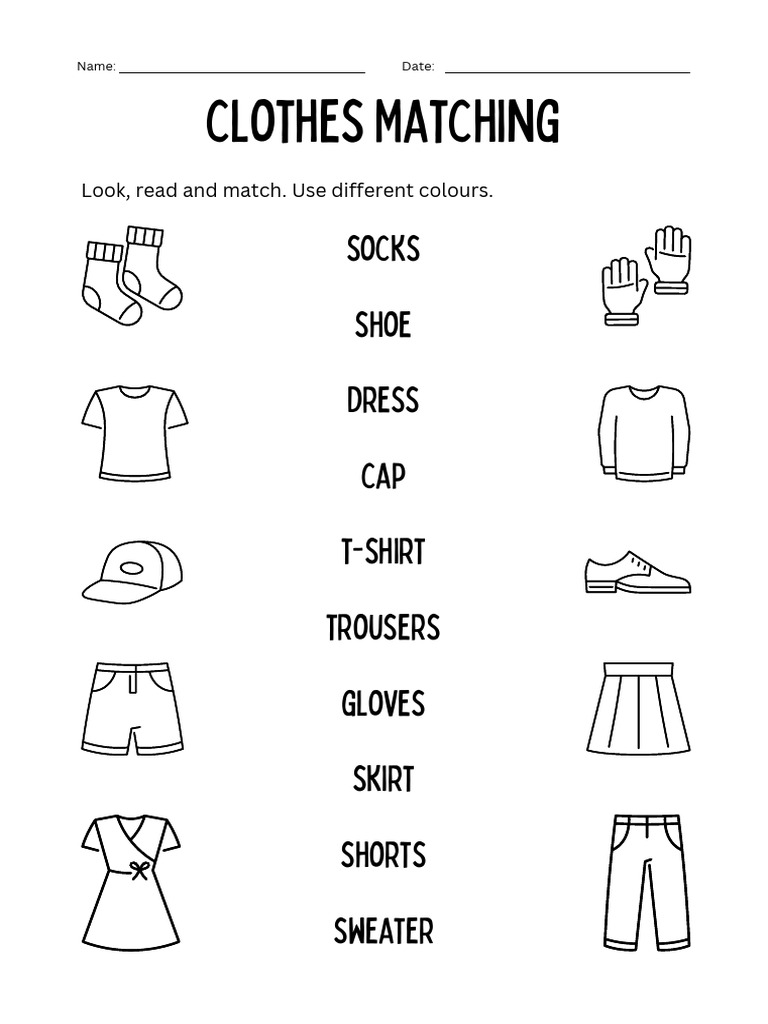 Clothes Matching Printable Worksheet in Black and White Simple ...