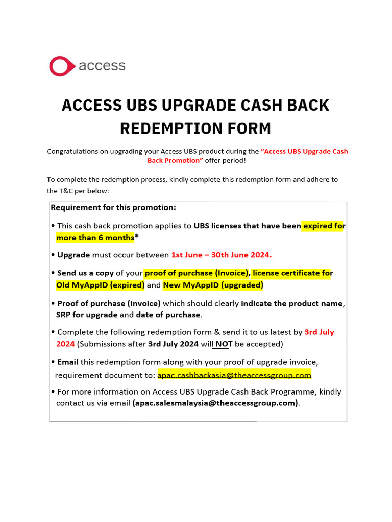 Access UBS Upgrade E Invoice Cash Back Redemption Form 0624 | PDF | Credit Card | Payments