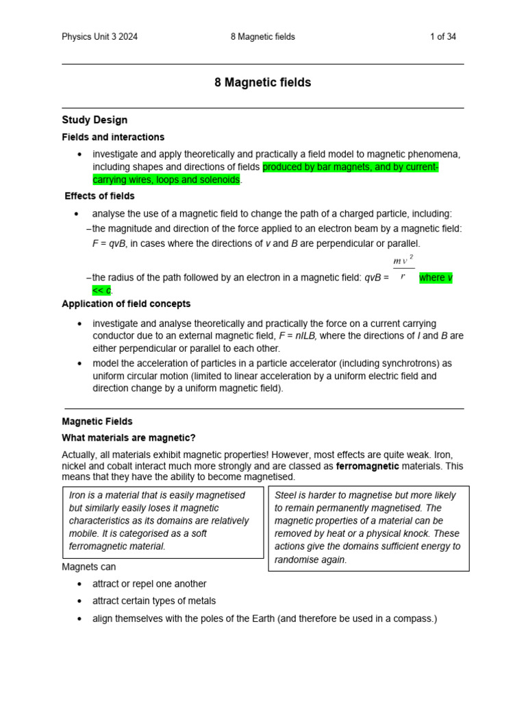 8 Magnetic Fields Notes 2024 | PDF | Magnetic Field | Electron