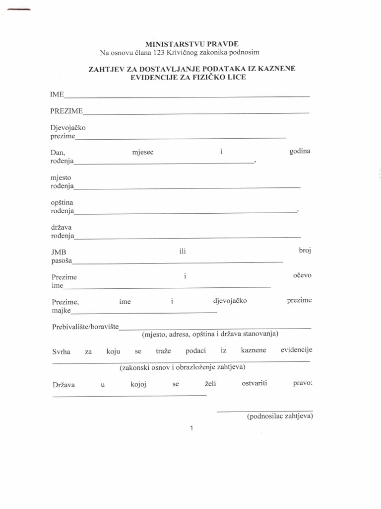 Zahtjev Za Dostavljanje Podataka Iz Kaznene Evidencije | PDF