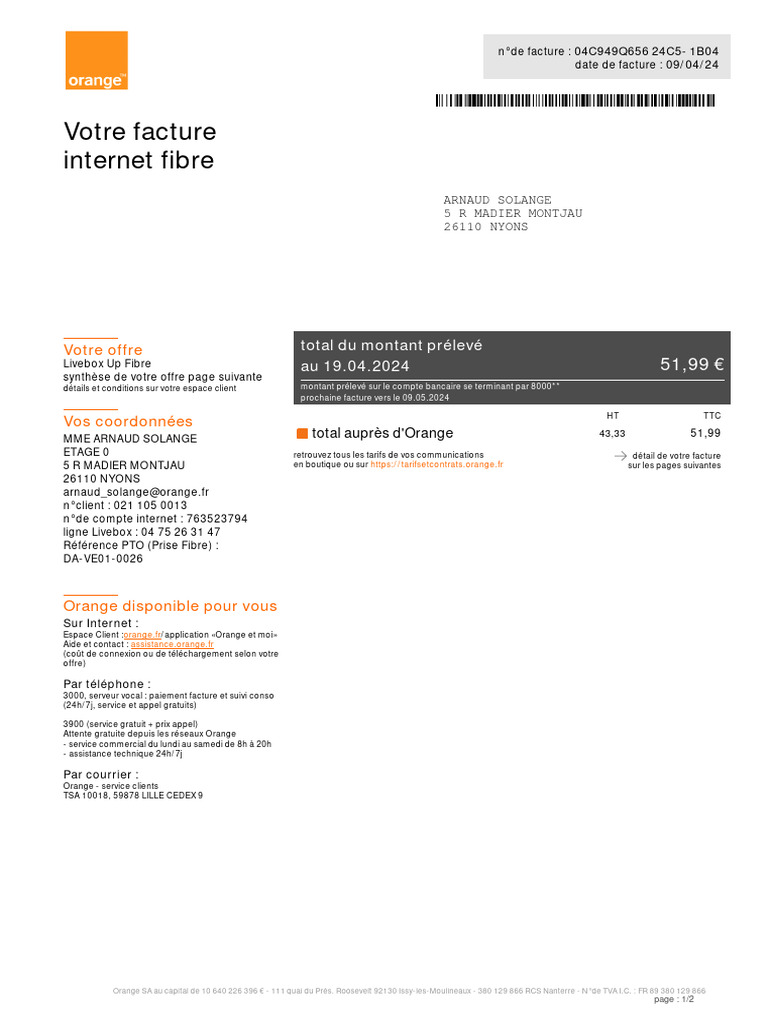 Facture Internet Fibre Orange 2024 | PDF | Facture | Télécommunications
