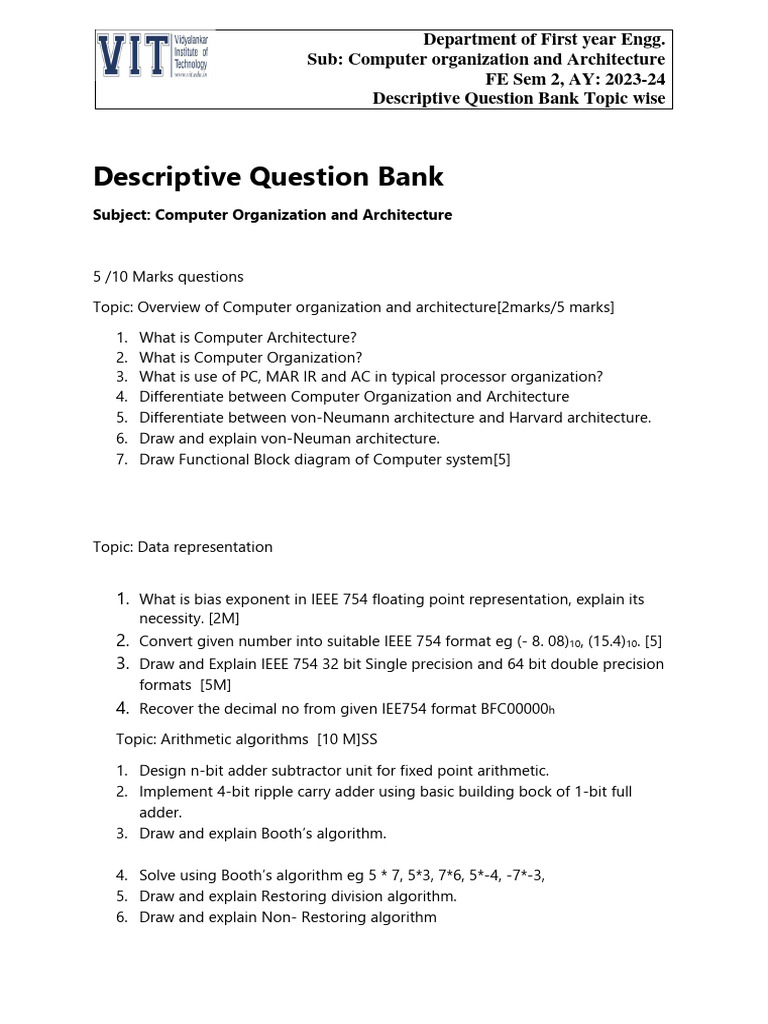 COA - Question Bank - Descriptive - New - 2023 - 24 | PDF | Cpu Cache | Computing