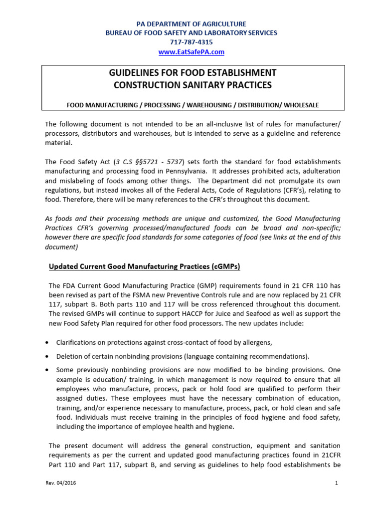 Guidelines For Food Establishment Construction Sanitary Practices (CGMPS) | Download Free PDF ...