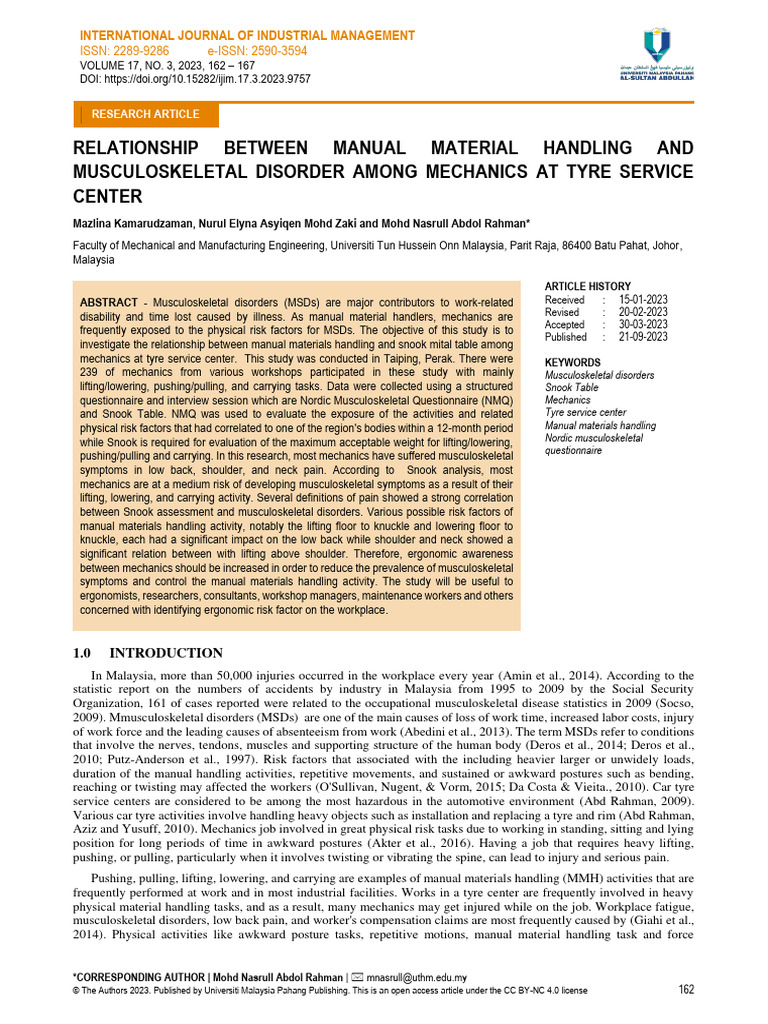 Relationship Between Manual Material Handling and Musculoskeletal ...