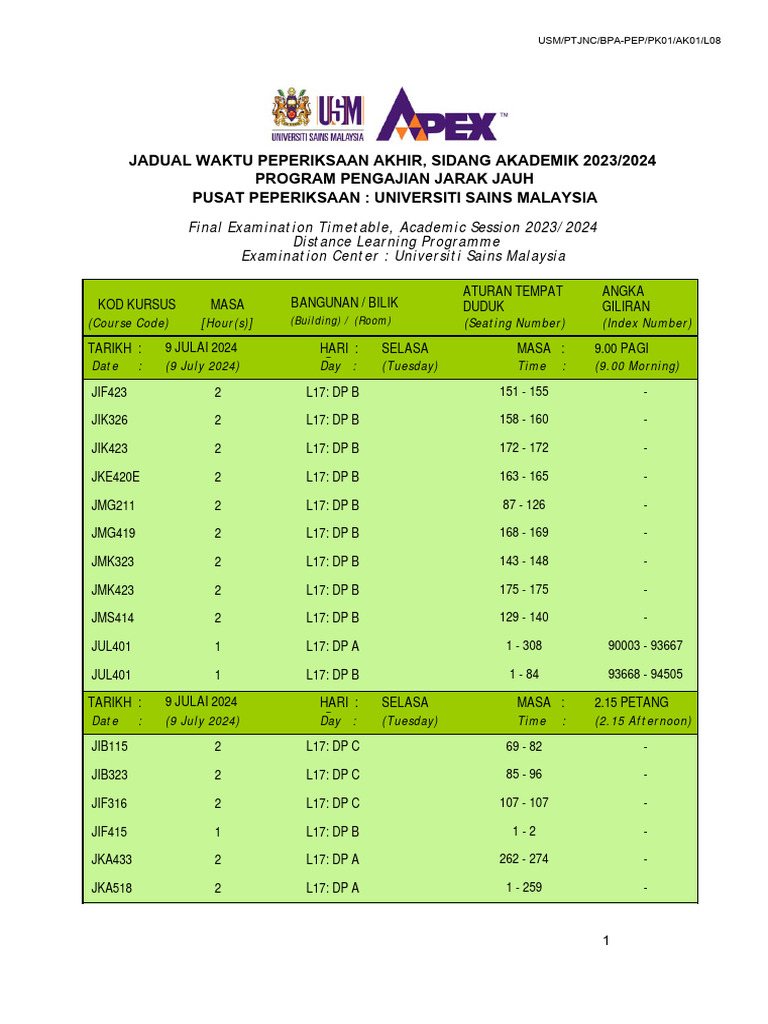 Jadual Waktu Peperiksaan, Peperiksaan Akhir Sidang Akademik 20232024 ...