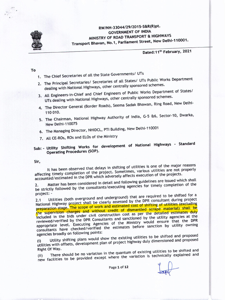 Utility Shifting For Development of National Highways SOP Reg | PDF | Home & Garden | Computers
