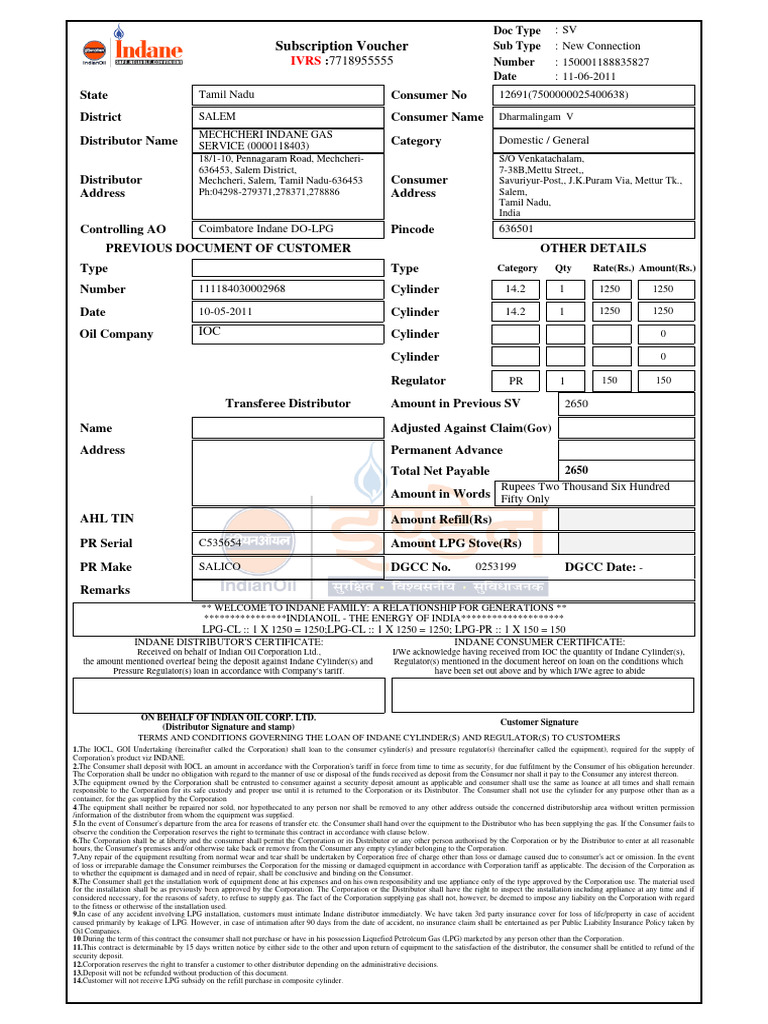 Indane Gas Subscription Voucher Details | PDF | Liquefied Petroleum Gas ...
