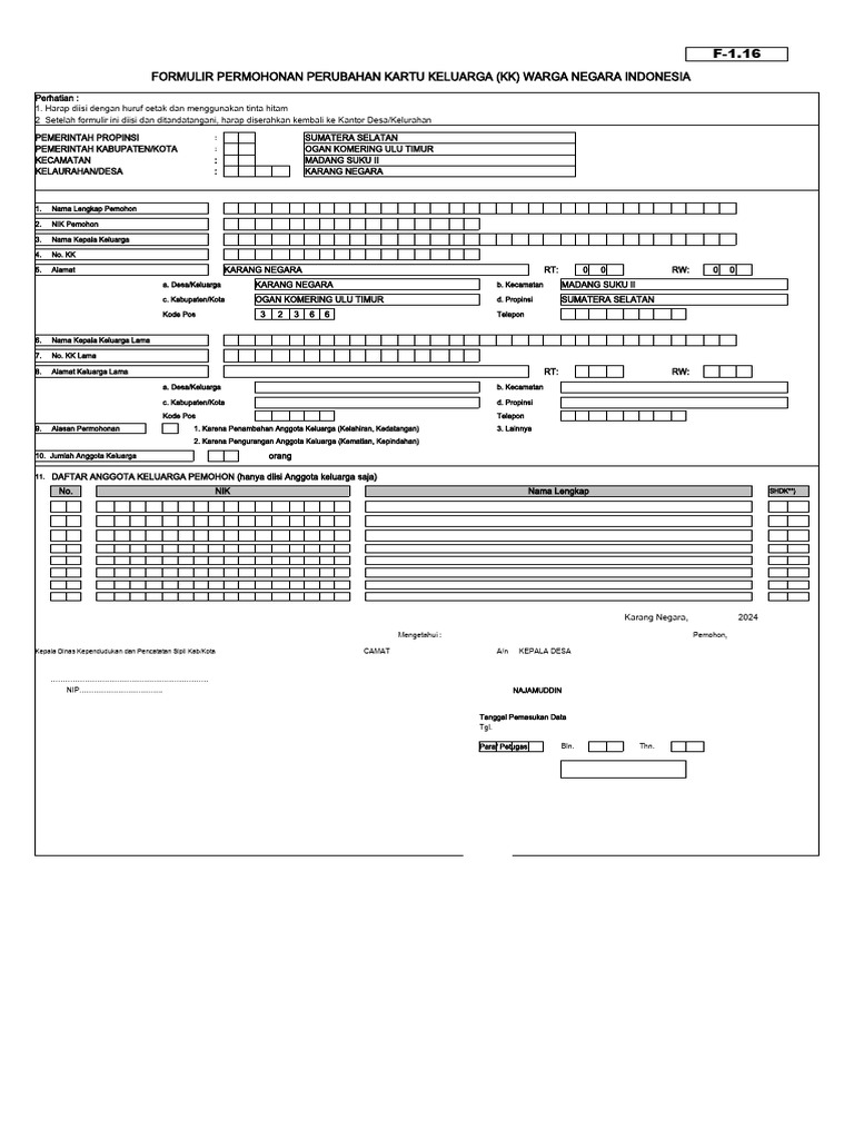 Formulir Perubahan Kartu Keluarga | PDF
