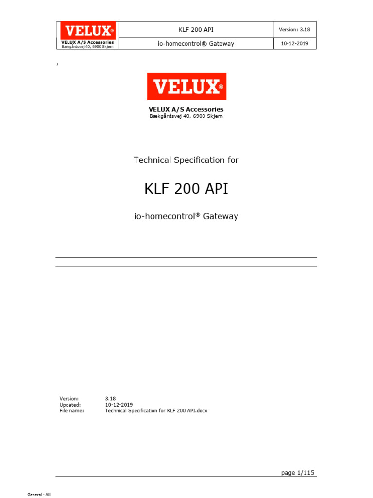 Technical Specification for Klf 200 API-Ver3-18 | PDF | Internet ...
