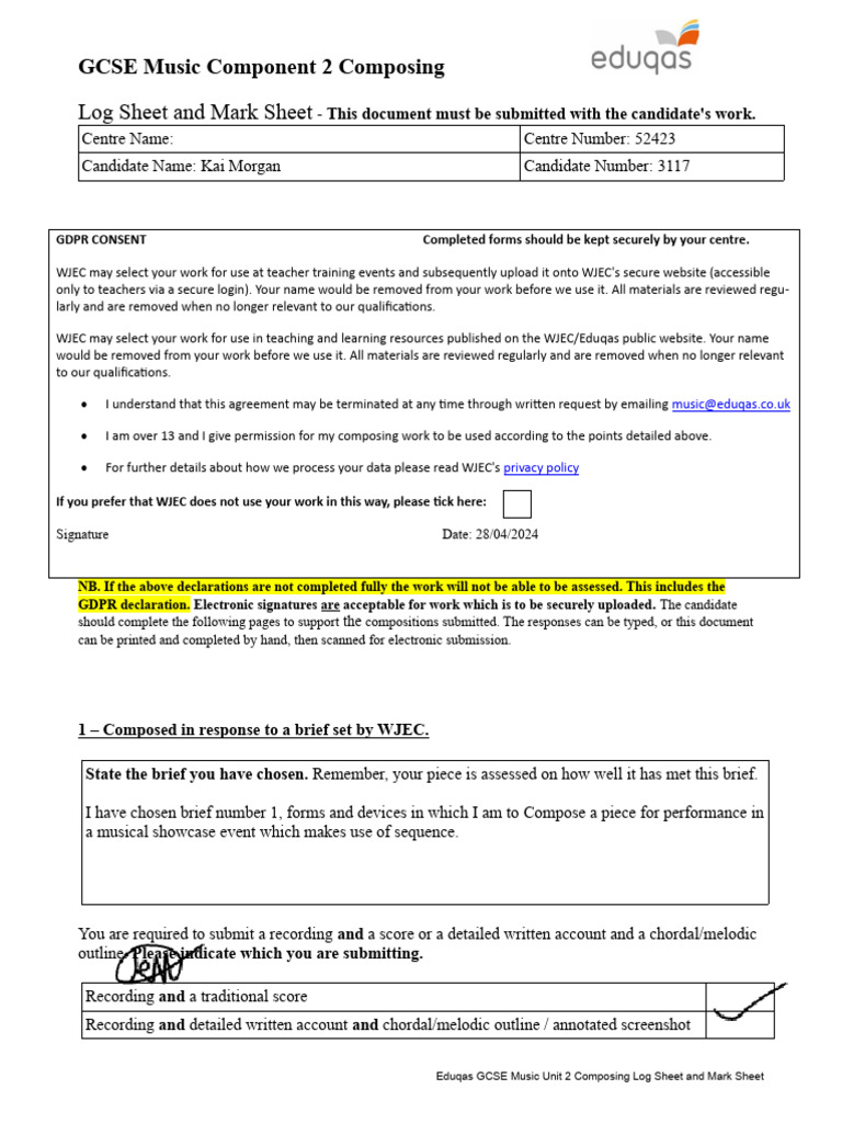 Eduqas Gcse Music Component 2 Composing Log | PDF | Musical Forms | Music Theory