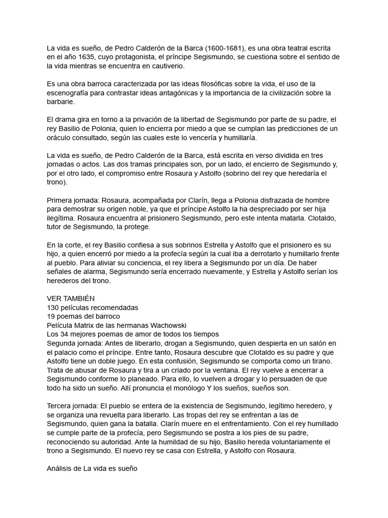 La Vida Es Sueño, De Pedro Calderón de La Barca (1600-1681), Es Una ...