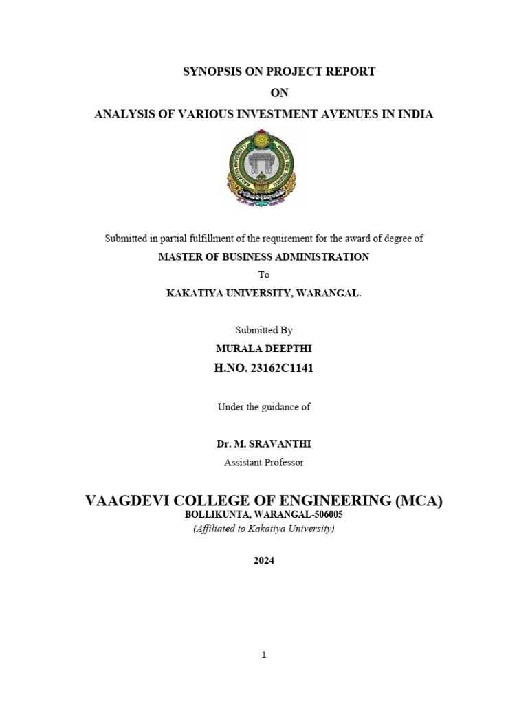 Vaagdevi College of Engineering (Mca) : Synopsis On Project Report ON Analysis of Various ...