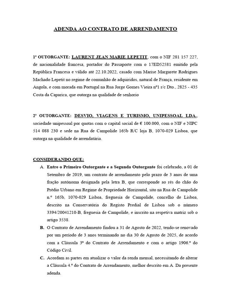 Adenda ao Contrato de Arrendamento | PDF | Direito Comercial | Contrato legal