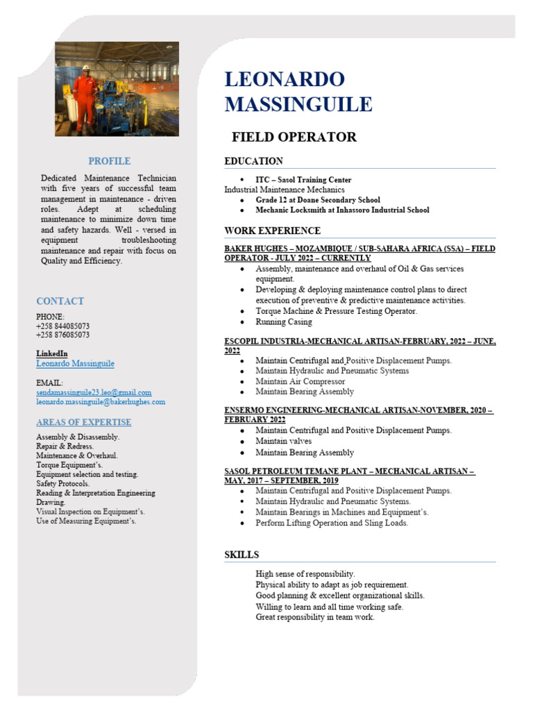 Leonardo CV - Field Operator. | Download Free PDF | Pump | Gas Technologies