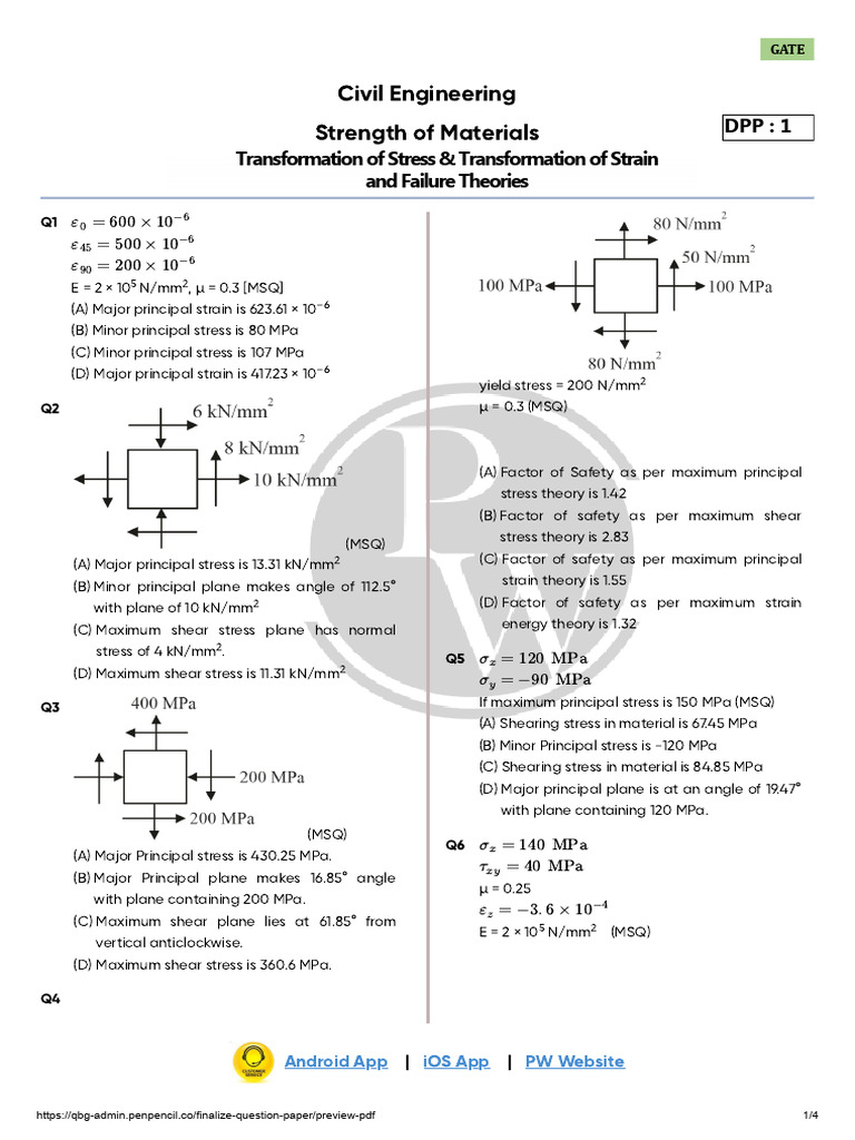 Transformation of Stress & Transformation of Strain and Failure Theories - DPP 01 (By Satyajeet ...