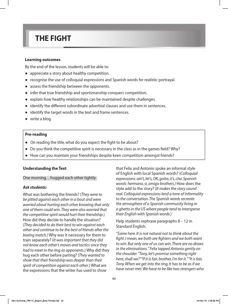 Class 07 English Chapter 04 The Fight Answe Key PDF Clause Adverb