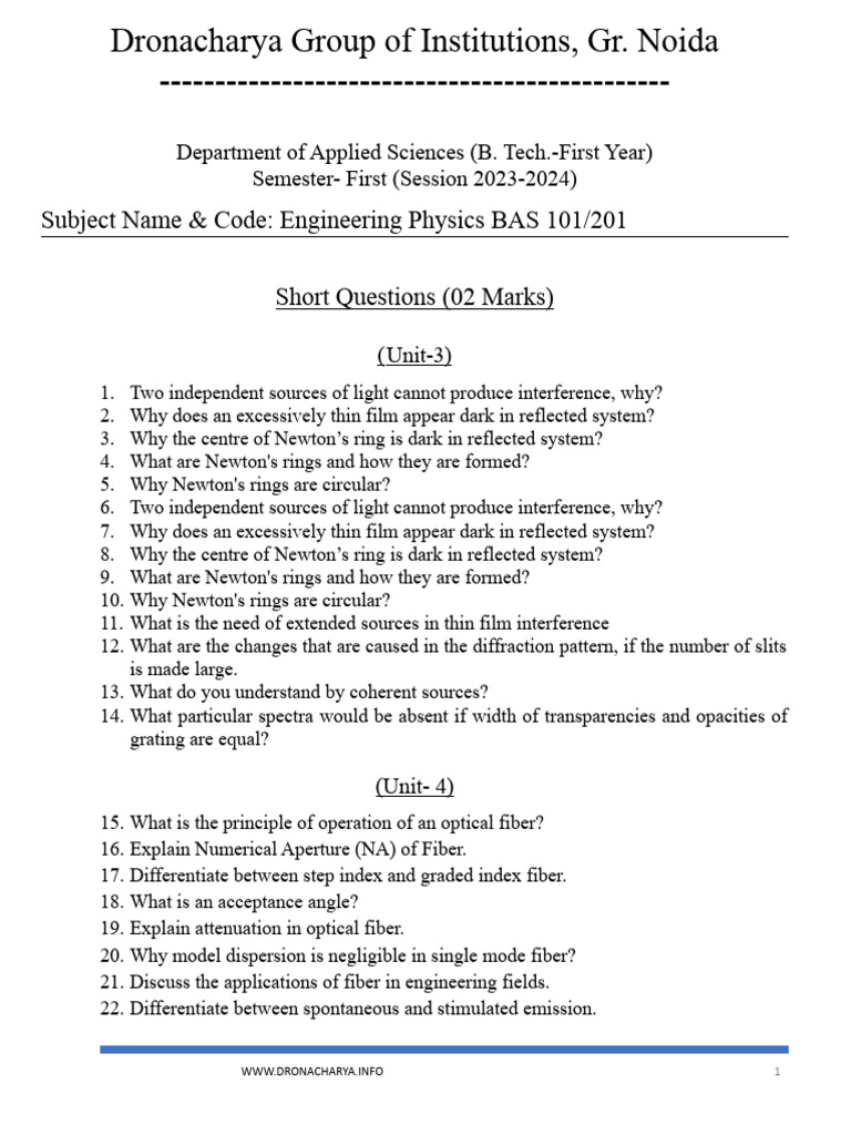 Engineering Physics Short & Long Questions | PDF | Optical Fiber | Angular Resolution