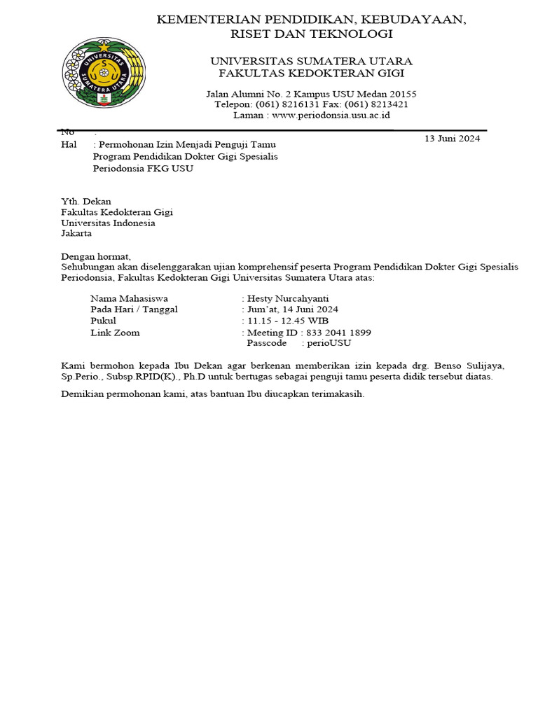 Permohonan Izin Menjadi Penguji Tamu Kompre DRG Benso | PDF