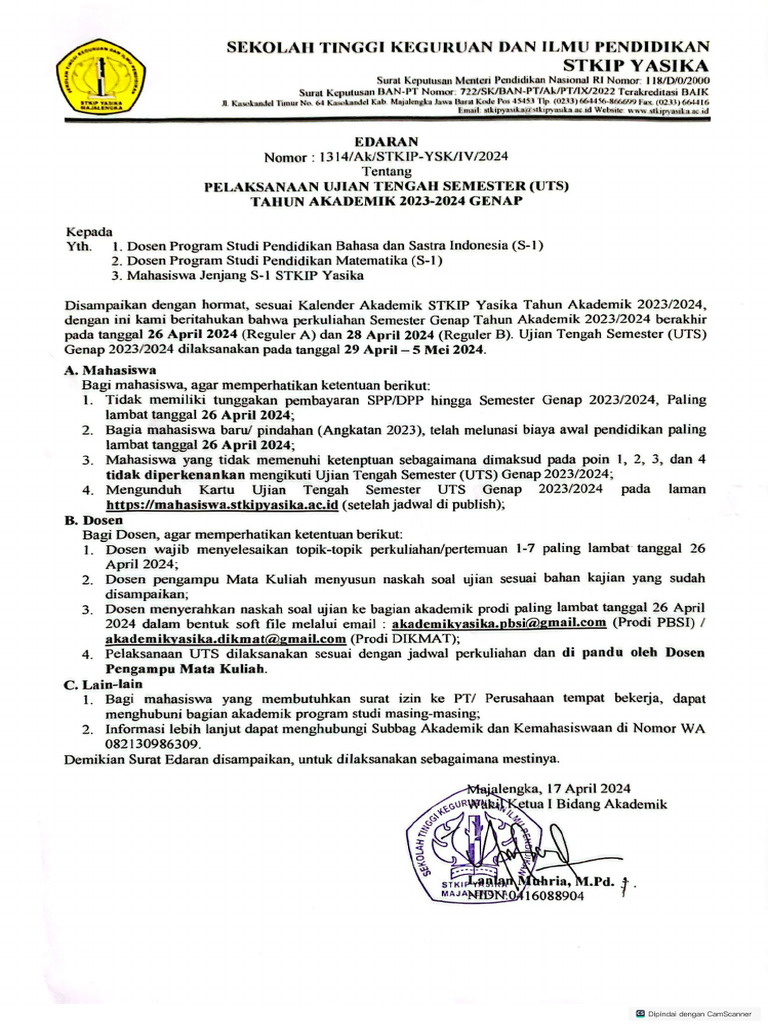 Edaran Uts Genap 2324 | PDF