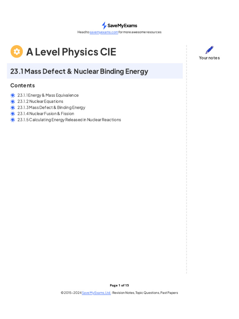 23.1 Mass Defect & Nuclear Binding Energy | PDF | Nuclear Physics ...