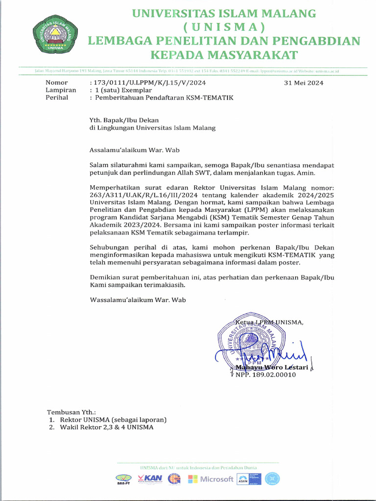 O111 - K - 173 3152024 Pemberitahuan Pendaftaran KSM-Tematik Semester ...