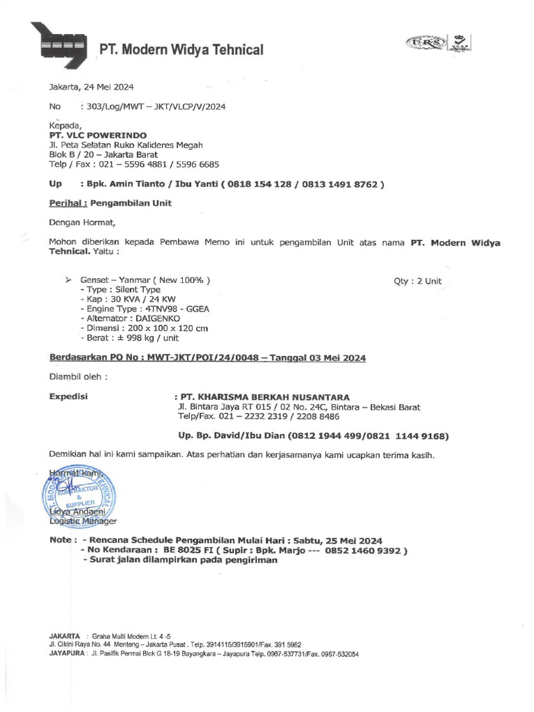 Memo Pengambilan Unit Genset | PDF