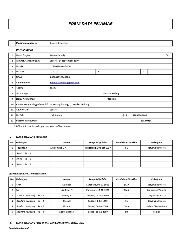 Form Data Pelamar (@denny Fariady) | PDF