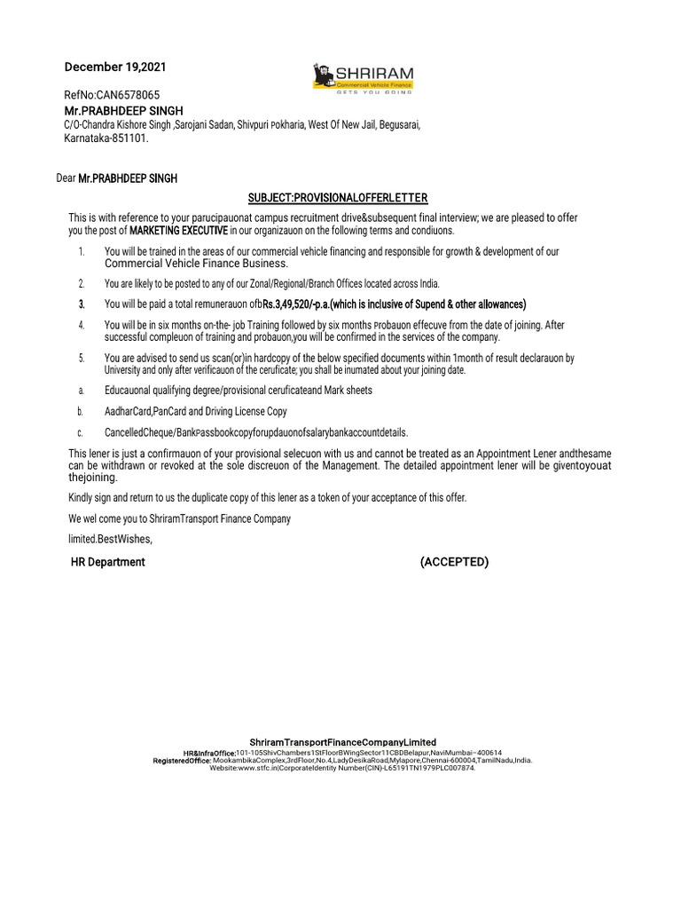Shriram Offer Letter PDF | PDF | Vehicles