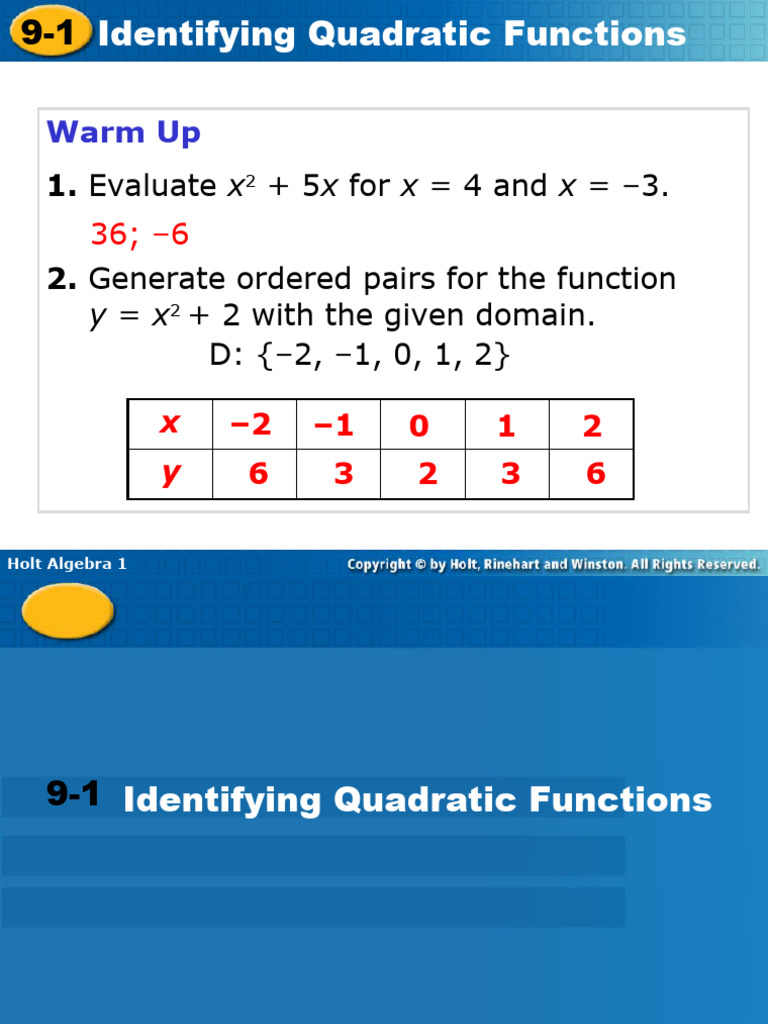Identifying Quadratic Functions Using Table Of Values Graphs And