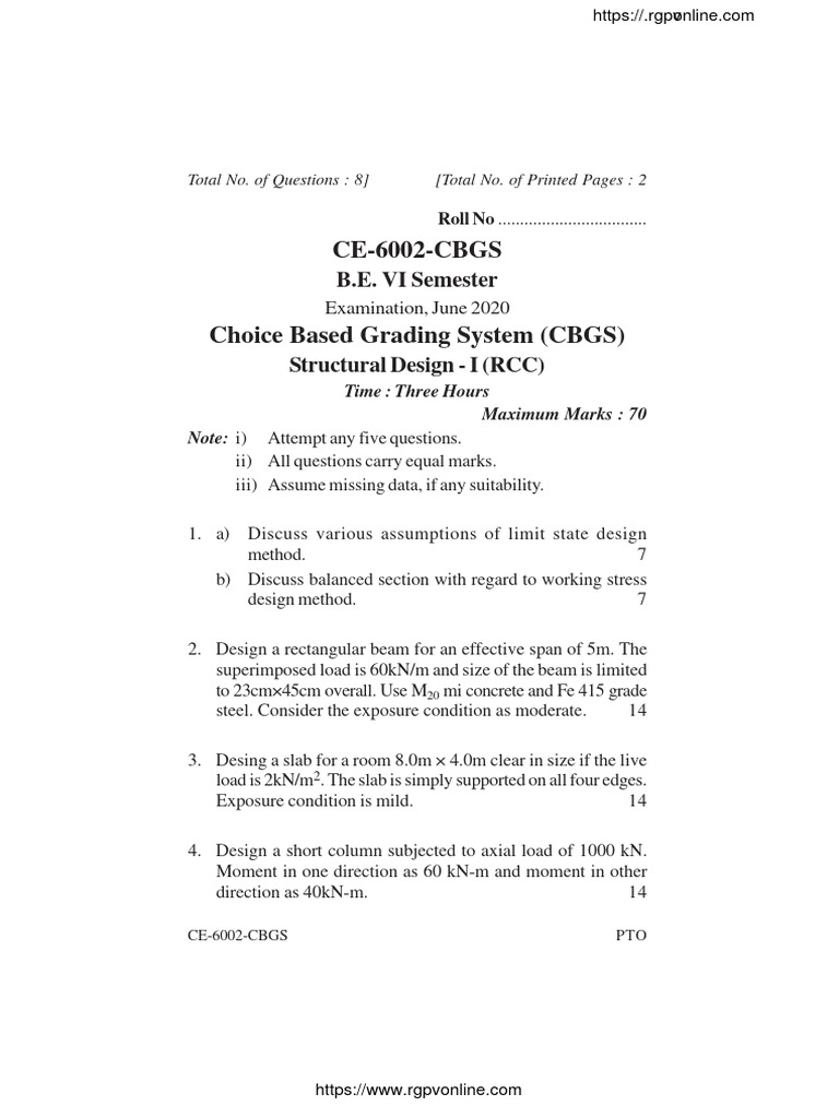 Ce 6002 Structural Design 1 RCC Jun 2020 | PDF | Structural Engineering | Civil Engineering