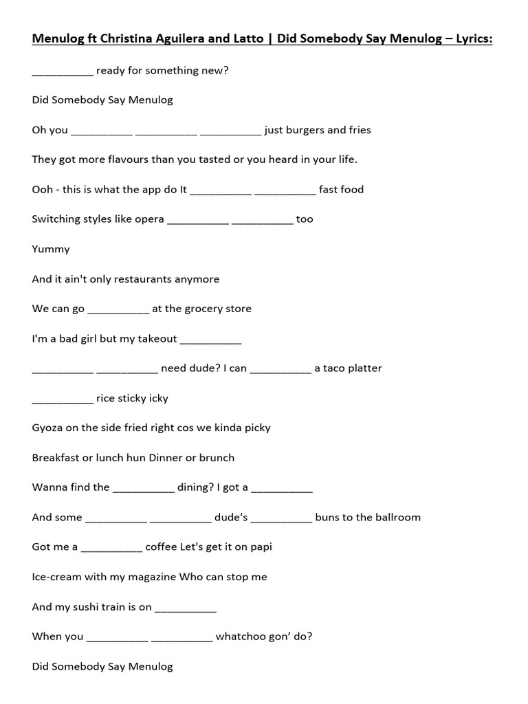 Menulog Lyrics Featuring Christina Aguilera | PDF | Cooking, Food ...