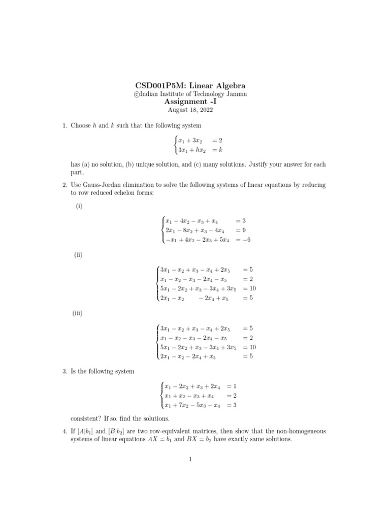 Assgn 1 | PDF | System Of Linear Equations | Matrix (Mathematics)