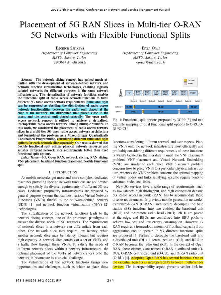 Placement of 5G RAN Slices in Multi-Tier O-RAN 5G Networks With Flexible Functional Splits | PDF ...