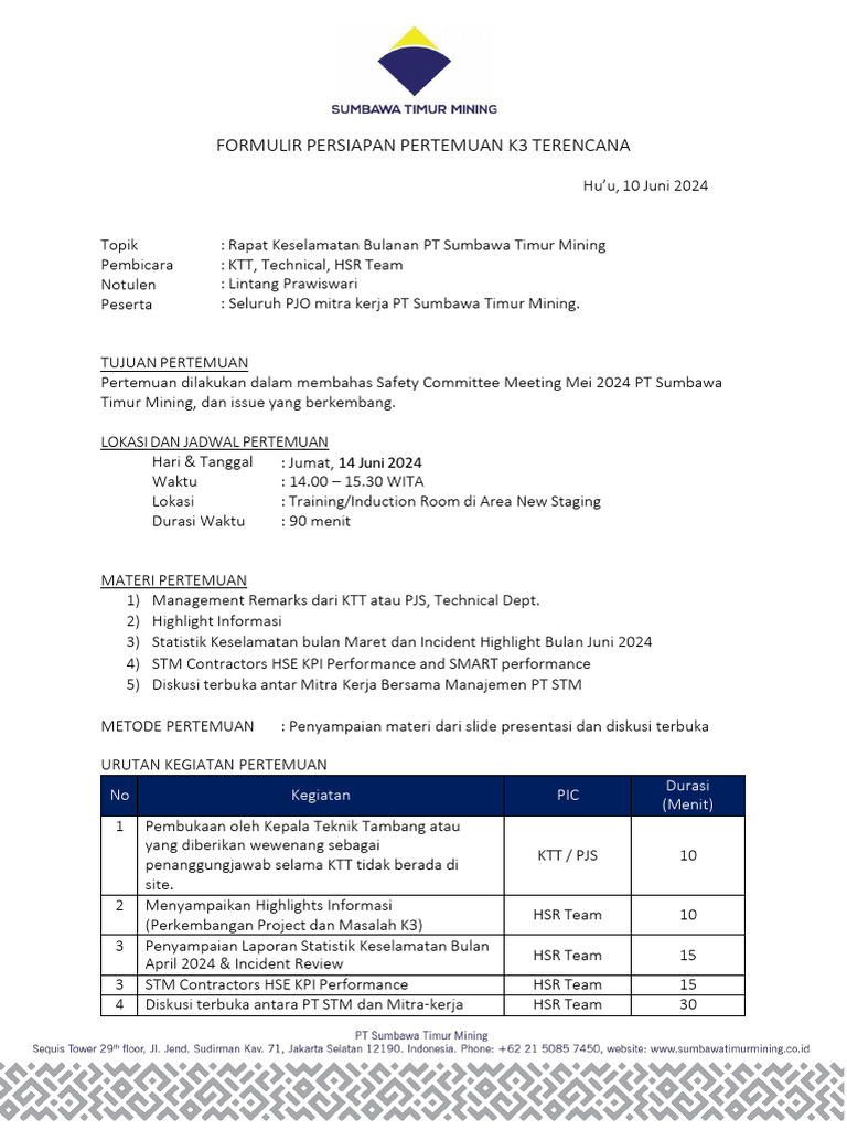 14 Juni 2024 - Formulir Undangan Persiapan Pertemuan (Steering Committe Meeting) - PT STM | PDF ...