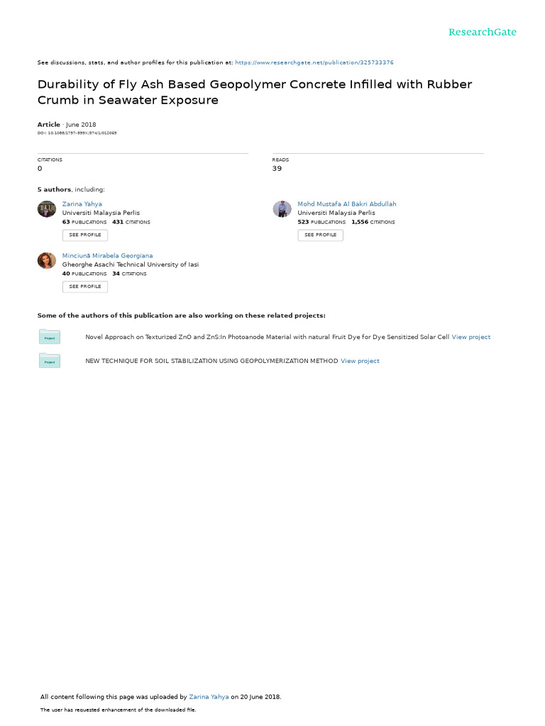 Durabilityof Fly Ash Based Geopolymer Concrete Infilledwith Rubber Crumbin Seawater Exposure ...