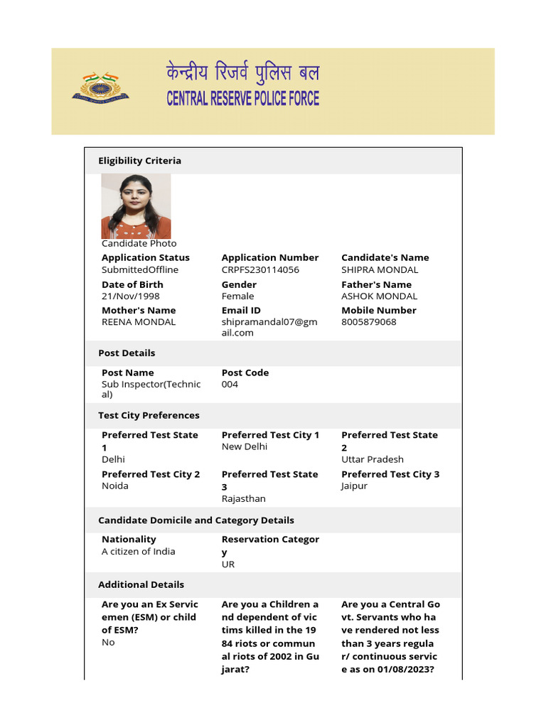 CRPF (Sub Inspector Technical) Application | PDF