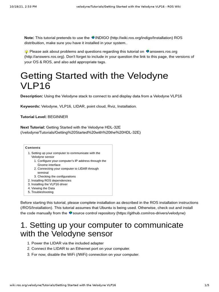 Velodyne - Tutorials - Getting Started With The Velodyne VLP16 - ROS Wiki | PDF | Ip Address ...