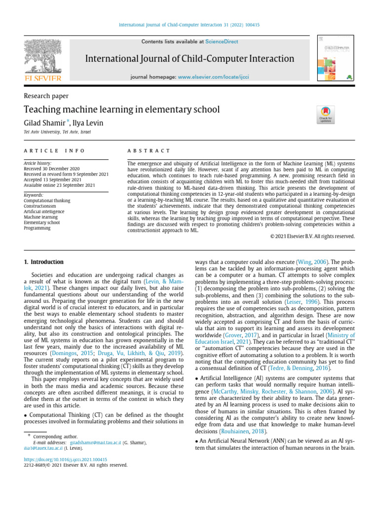 Teaching Machine Learning in Elementary-1 | PDF | Machine Learning ...