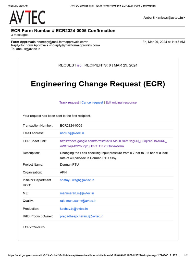 AVTEC Limited Mail - ECR Form Number # ECR2324-0005 Confirmation | PDF ...